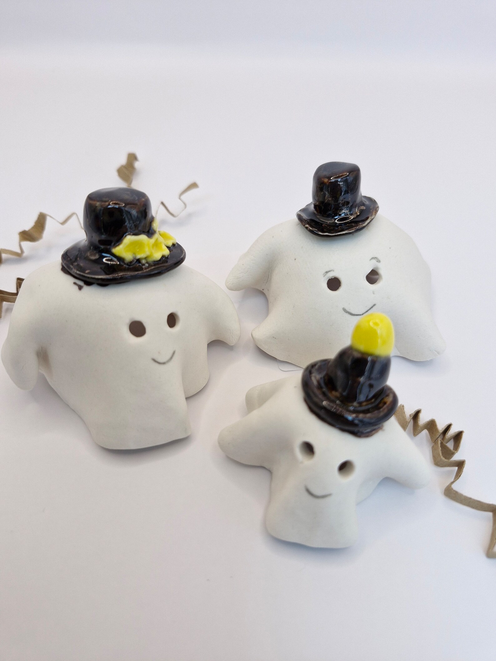 Ghosts, Handmade Set of Three Porcelain Ceramic Ghosts With Hats - Etsy UK