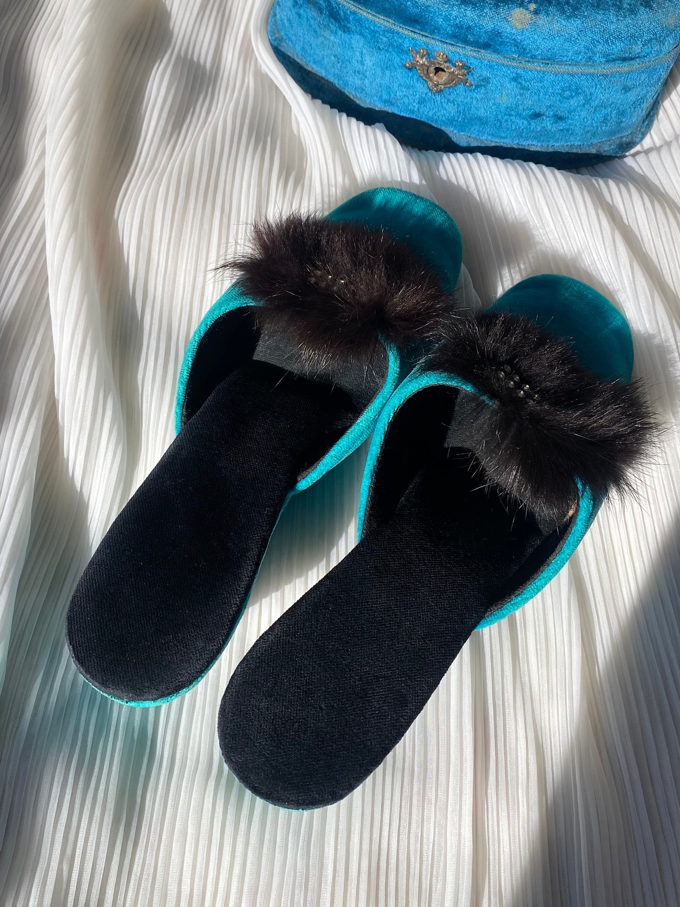 Rare 1950s Vintage Velvet Slippers With Fur and Rhinestones / Old ...