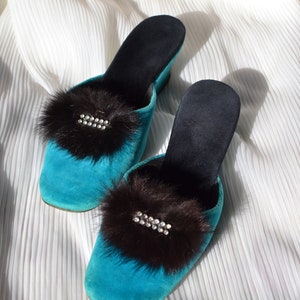 Rare 1950s Vintage Velvet Slippers With Fur and Rhinestones / Old ...