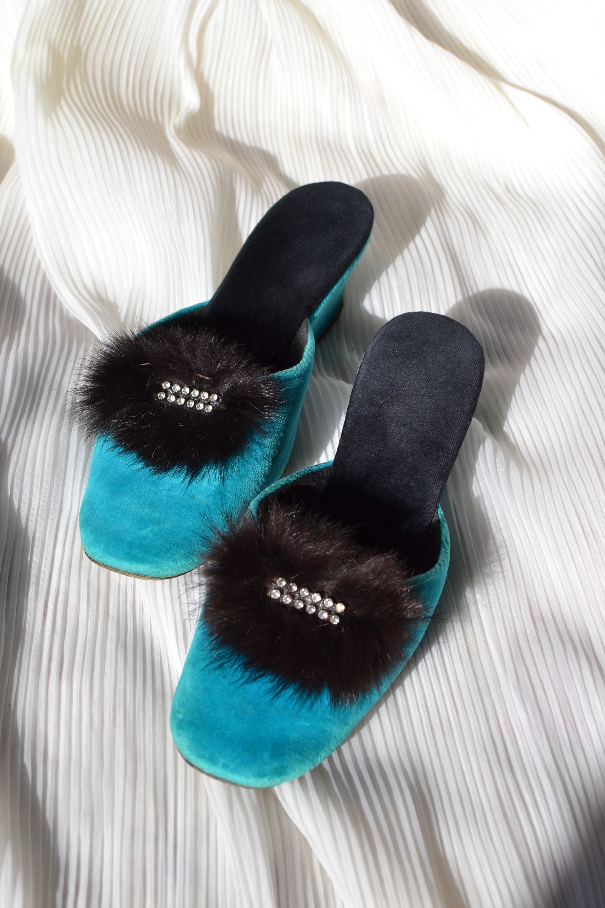 Rare 1950s Vintage Velvet Slippers With Fur and Rhinestones / Old ...