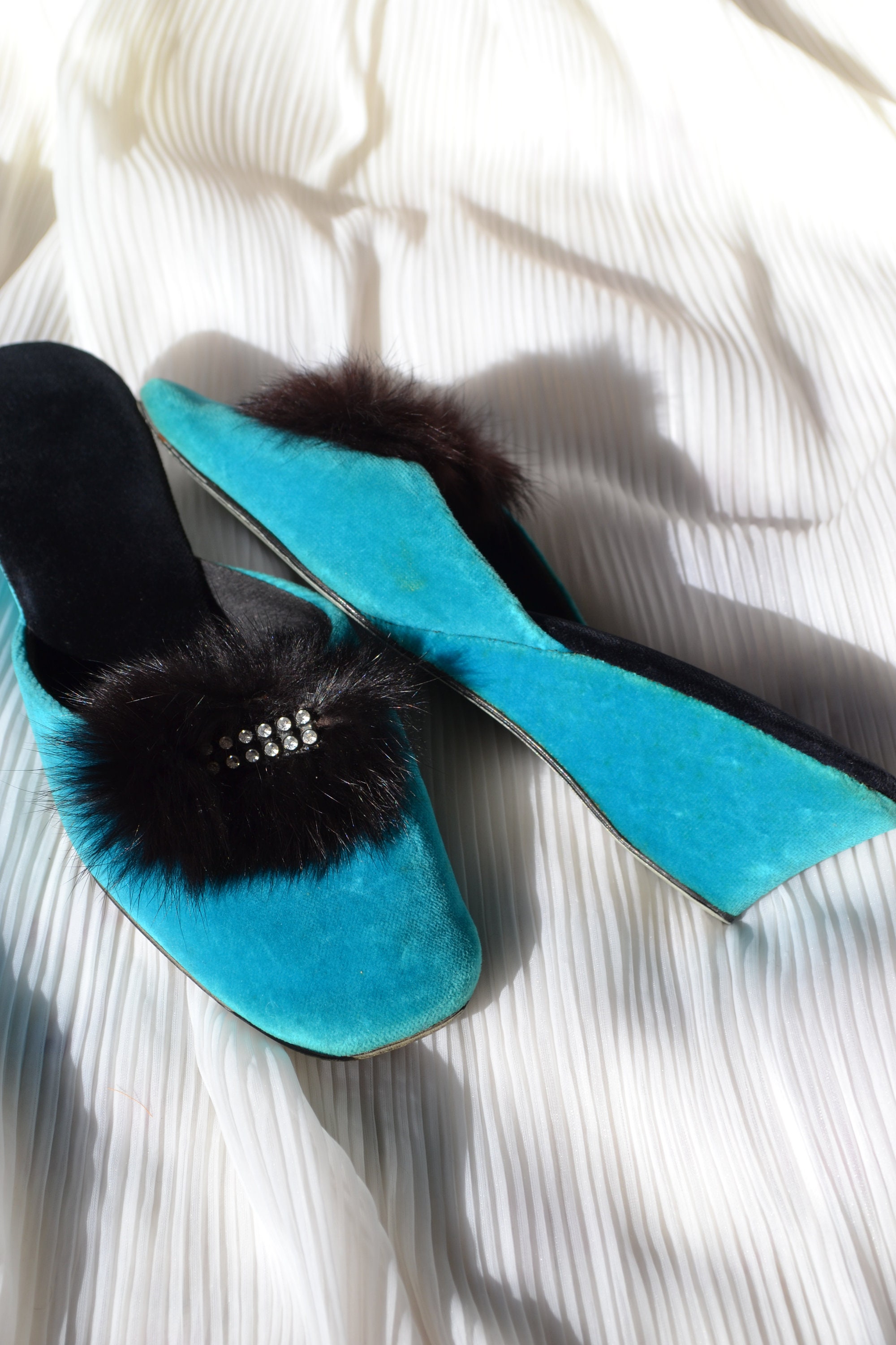 Rare 1950s Vintage Velvet Slippers With Fur and Rhinestones / Old ...