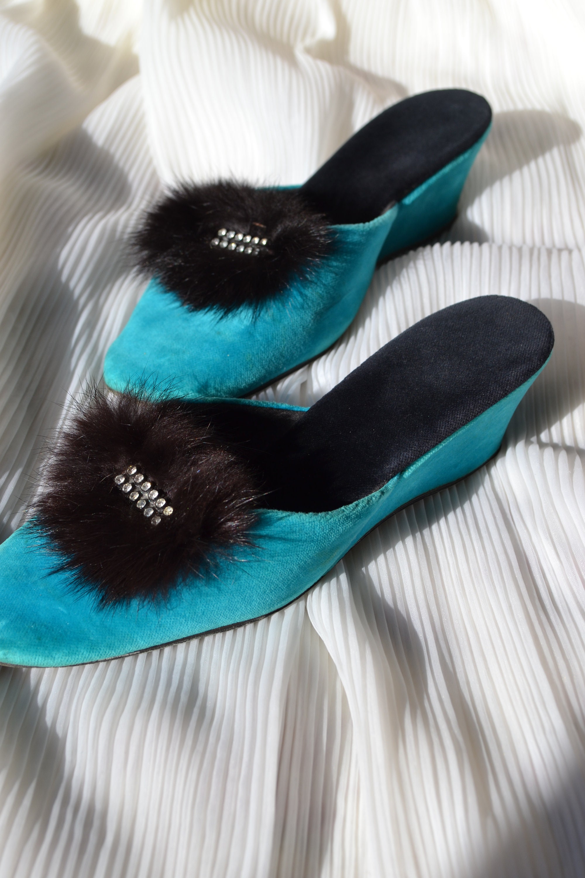 Rare 1950s Vintage Velvet Slippers With Fur and Rhinestones / Old ...