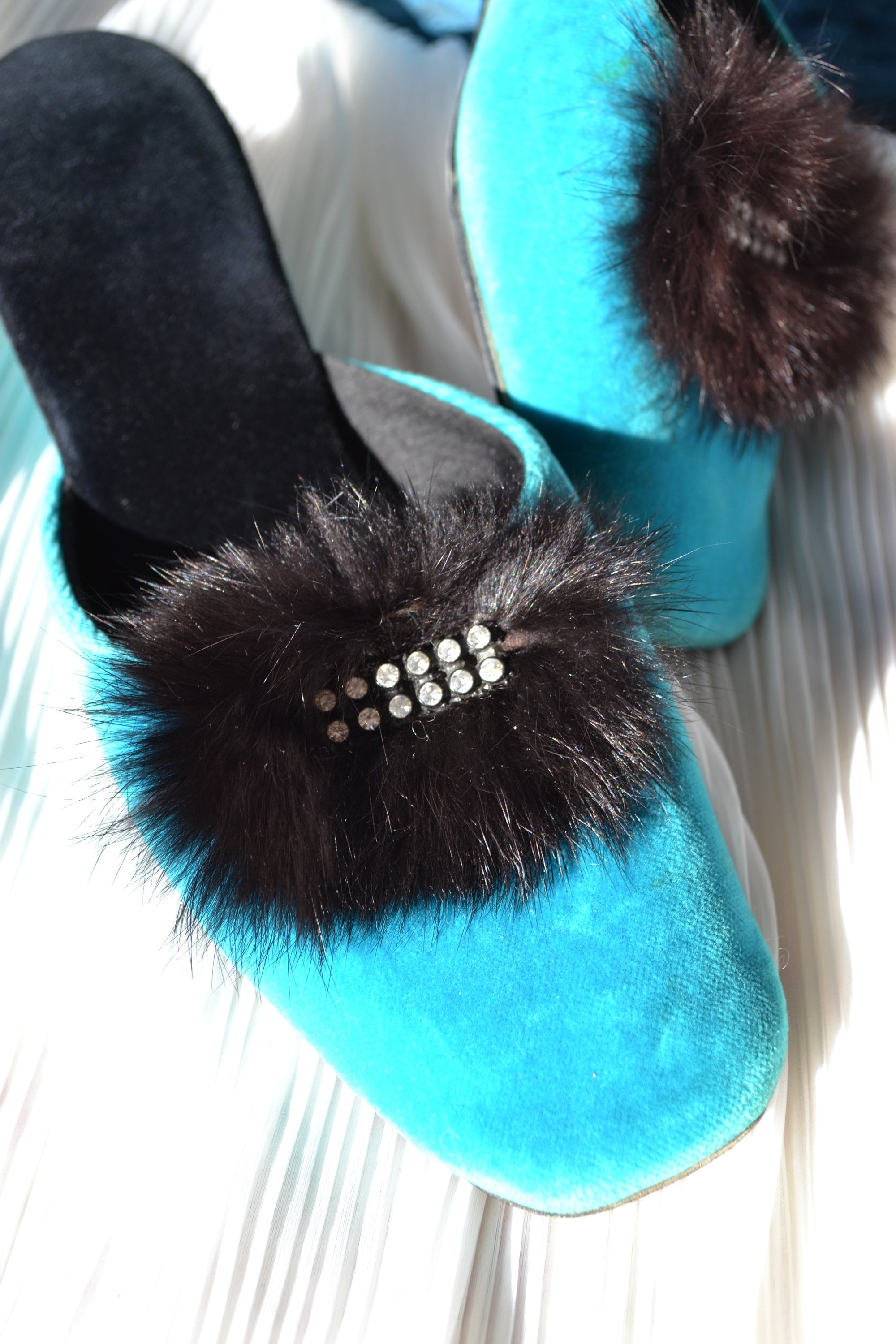 Rare 1950s Vintage Velvet Slippers With Fur and Rhinestones / Old ...