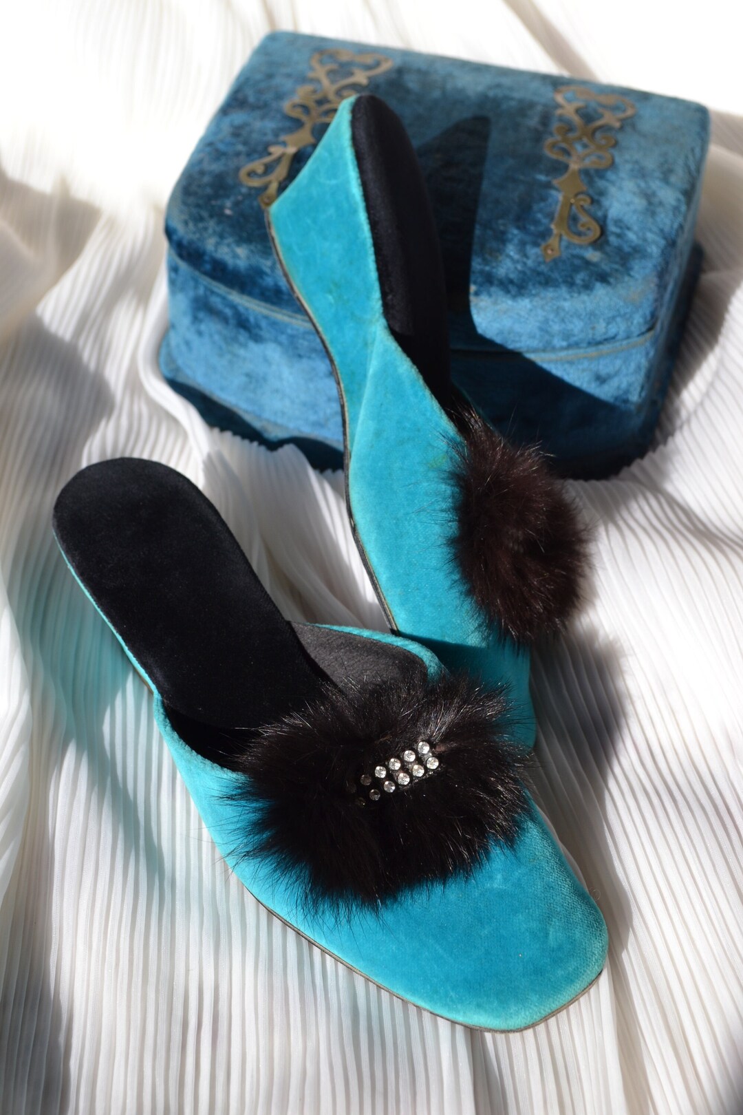 Rare 1950s Vintage Velvet Slippers With Fur and Rhinestones / Old ...