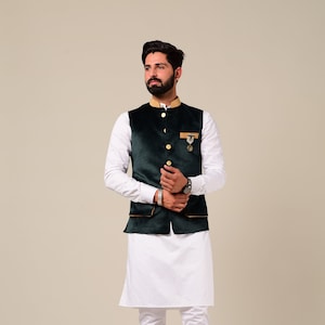 Buy Modishly Styled Puff Pocket Green Velvet Nehru Modi Jacket With ...