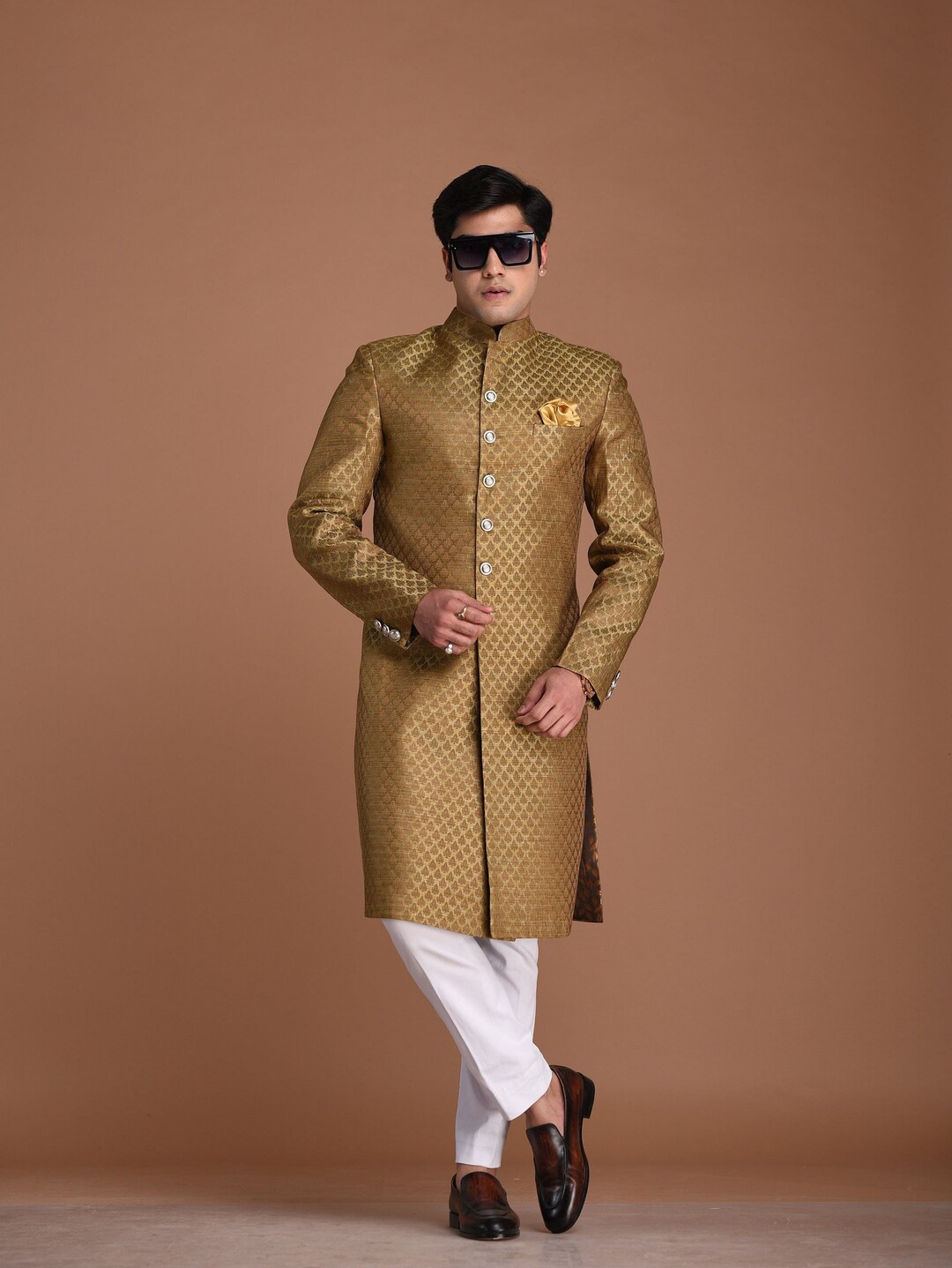Booti Pattern Brocade Silk Rajputana Style Sherwani Achkan Brown Color ...