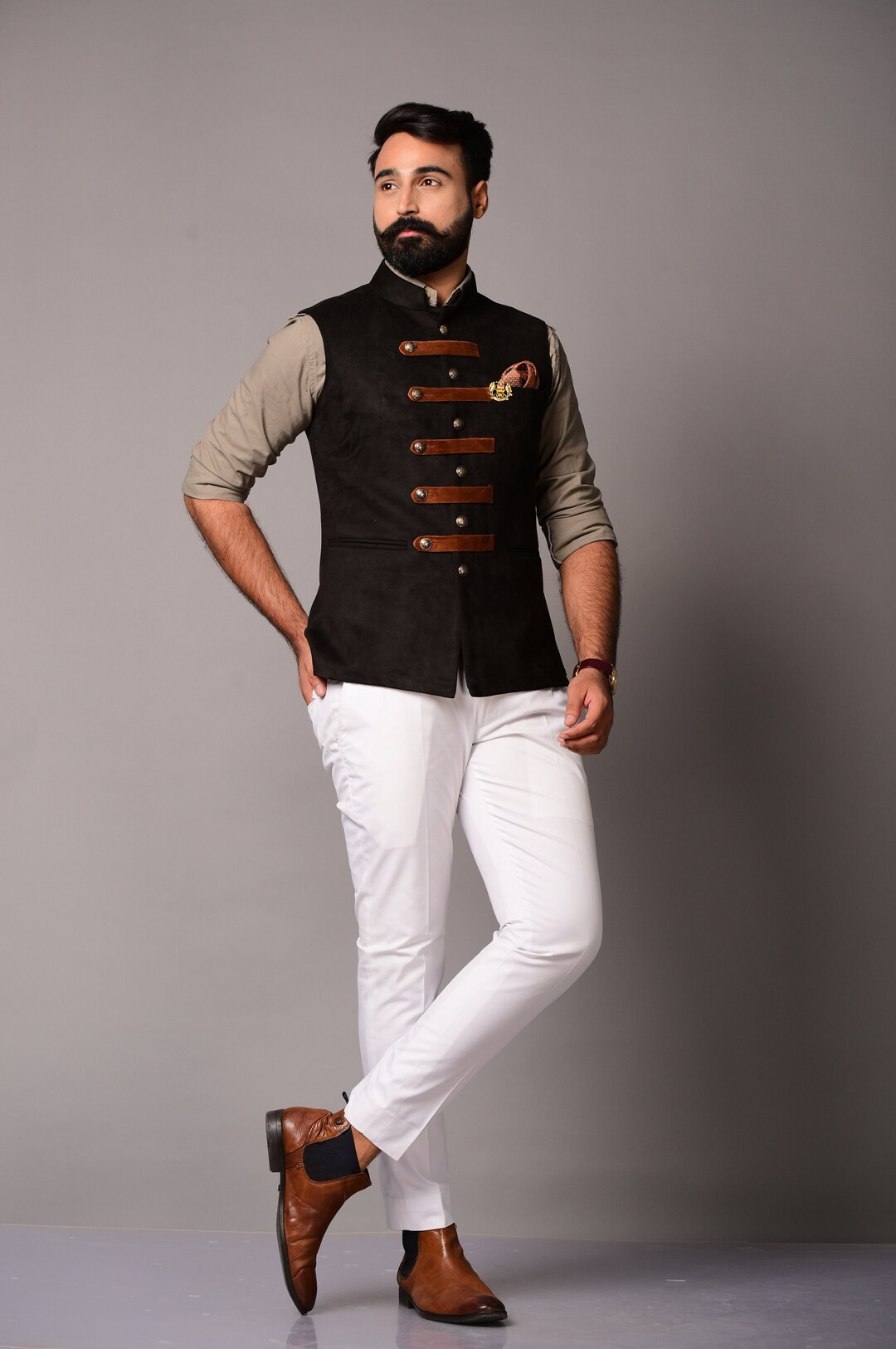 Black Suede Leather Cross Breasted Half Jacket Shirt With Trouser - Etsy