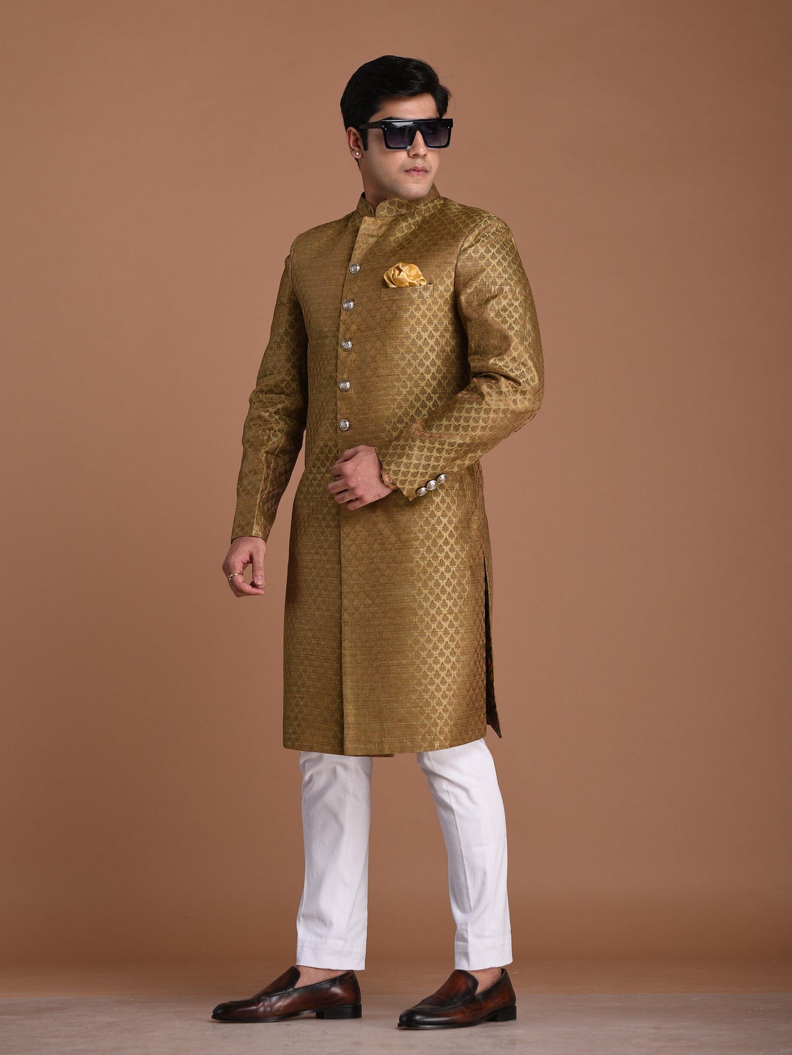 Booti Pattern Brocade Silk Rajputana Style Sherwani Achkan Brown Color ...