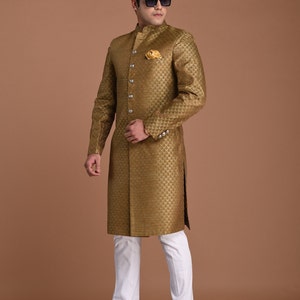 Booti Pattern Brocade Silk Rajputana Style Sherwani Achkan Brown Color ...