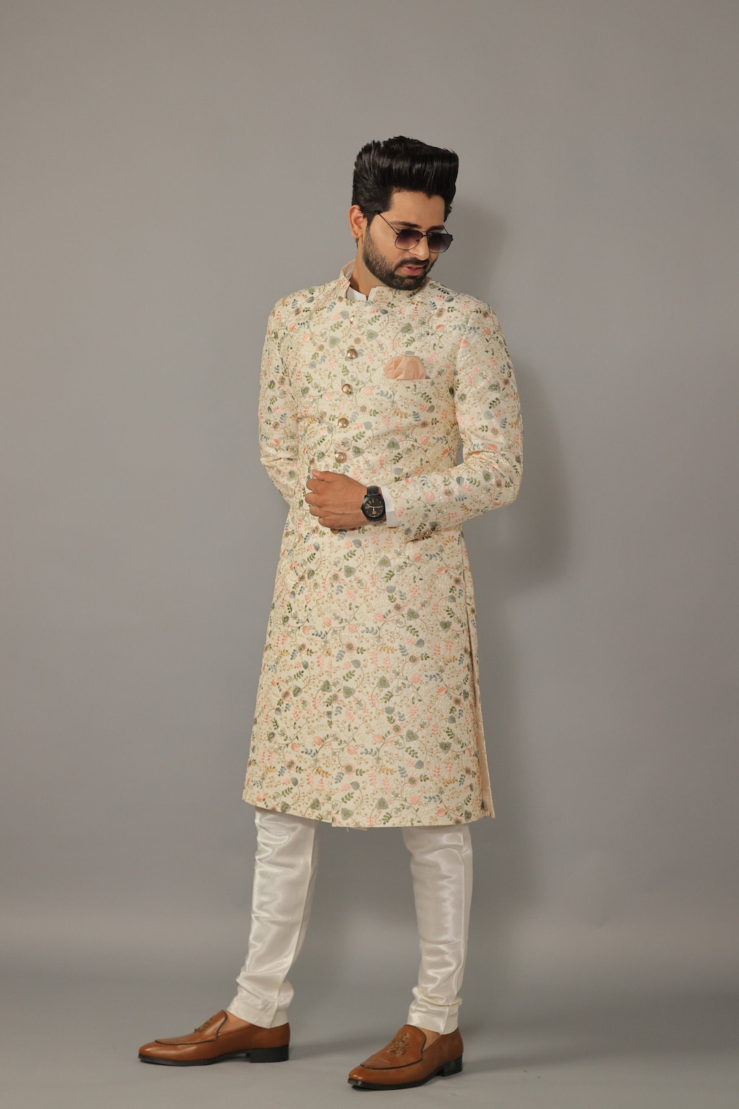 Floral Pattern Embroidered Pastel Color Achkan for Men | Father Son ...