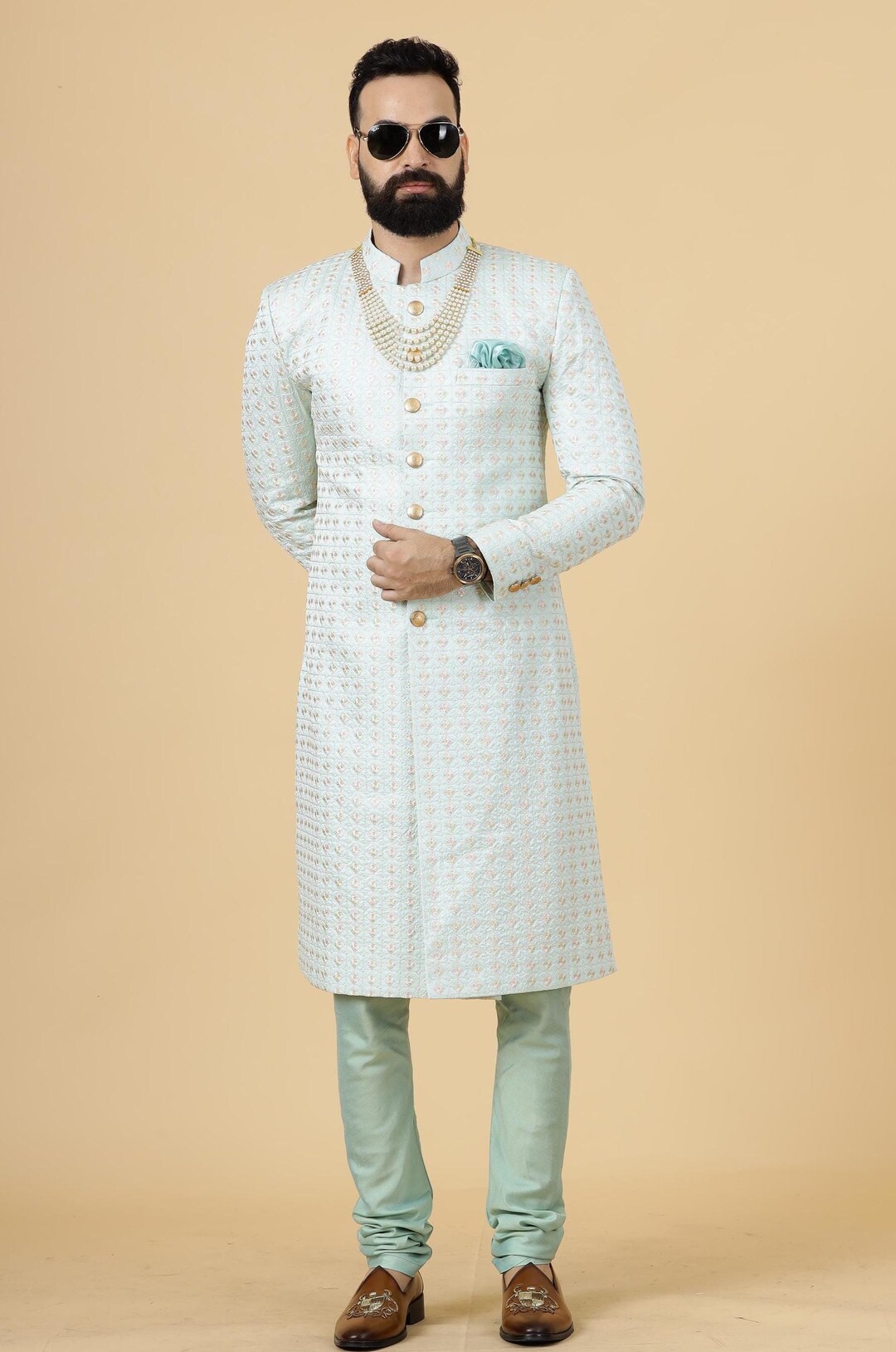 Buy Floral Embroidered Silk Sherwani | Mint Green Groom Wedding Wear ...