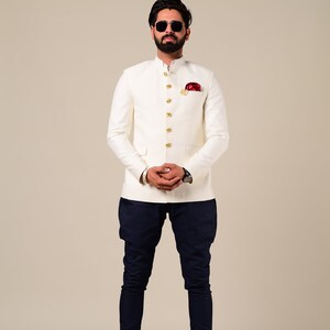Personalized White Elephant Button Bandhgala Blazer With Navy Blue ...
