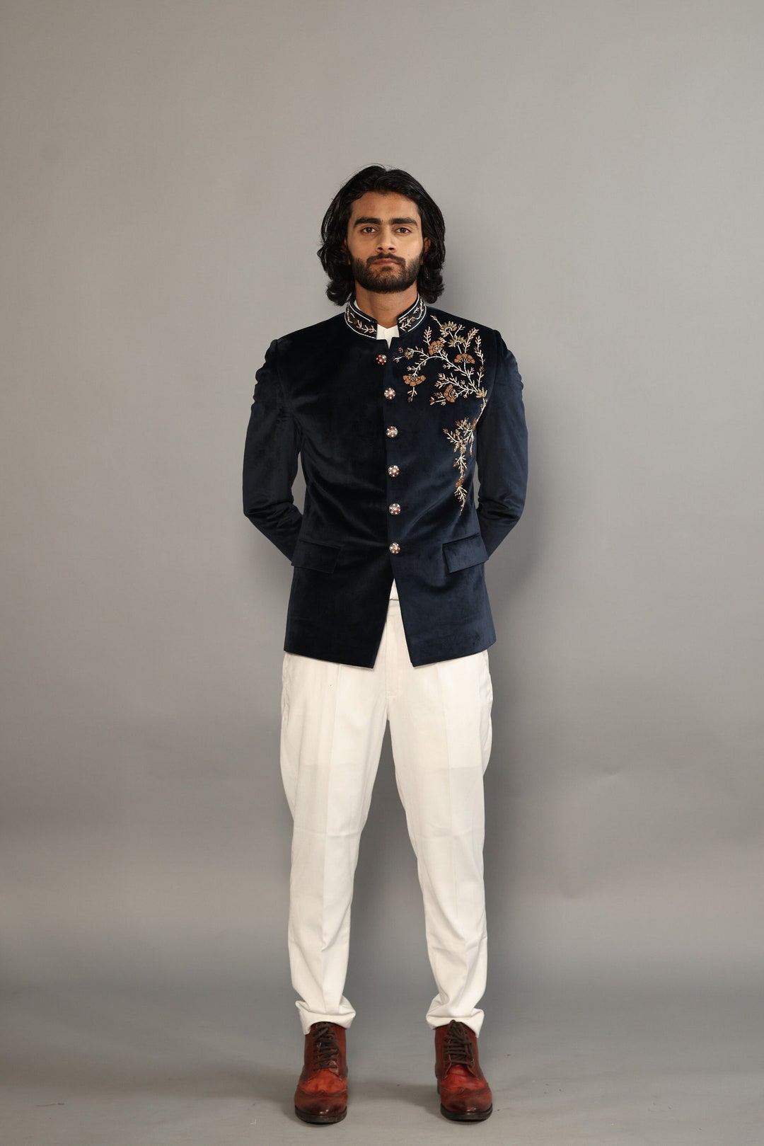 Hand Embroidered Floral Pattern Jodhpuri Bandhgala Jacket With Hand ...