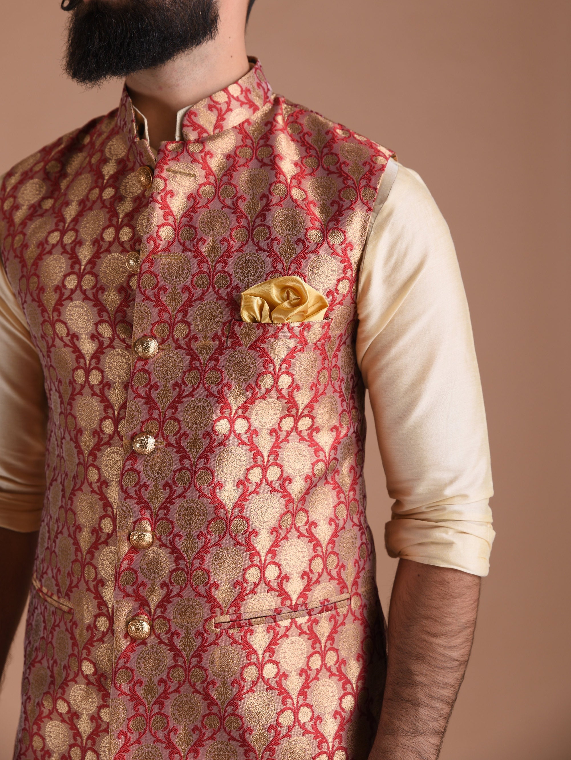 Floral Pattern Red Golden Half Jodhpuri Jacket With Silk Kurta - Etsy