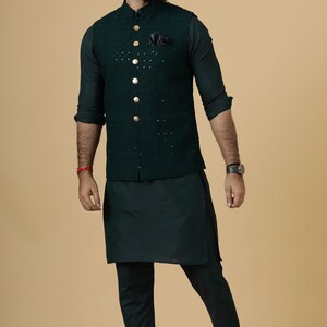 Handcrafted Dark Green Chikankari Kurta Pajama Set With Jodhpuri Jacket ...