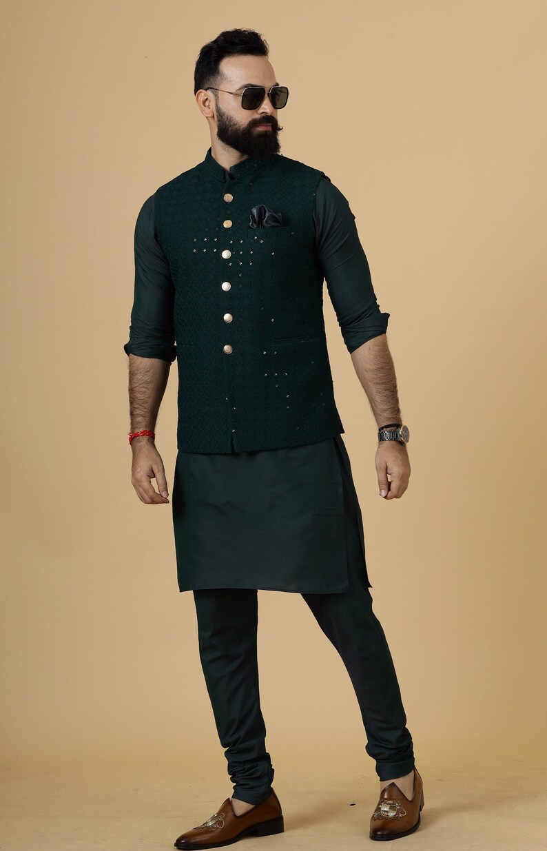 Handcrafted Dark Green Chikankari Kurta Pajama Set With Jodhpuri Jacket ...