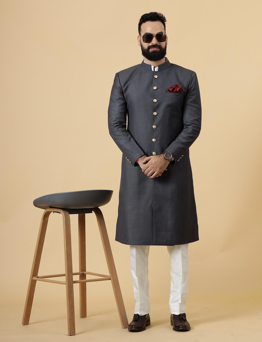 Buy Bespoke Charcoal Grey Achkan Sherwani With White Churidar | Indian ...