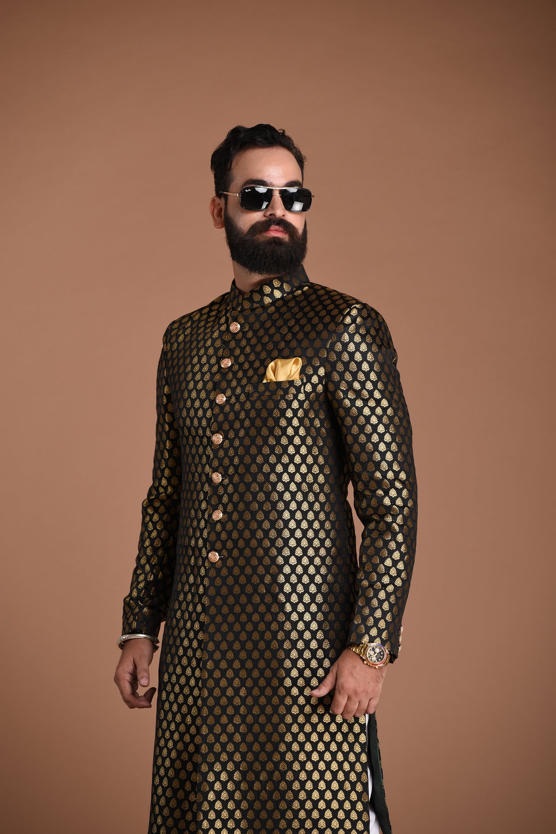 Solid Black Brocade Silk Sherwani With Golden Booti Pattern - Etsy