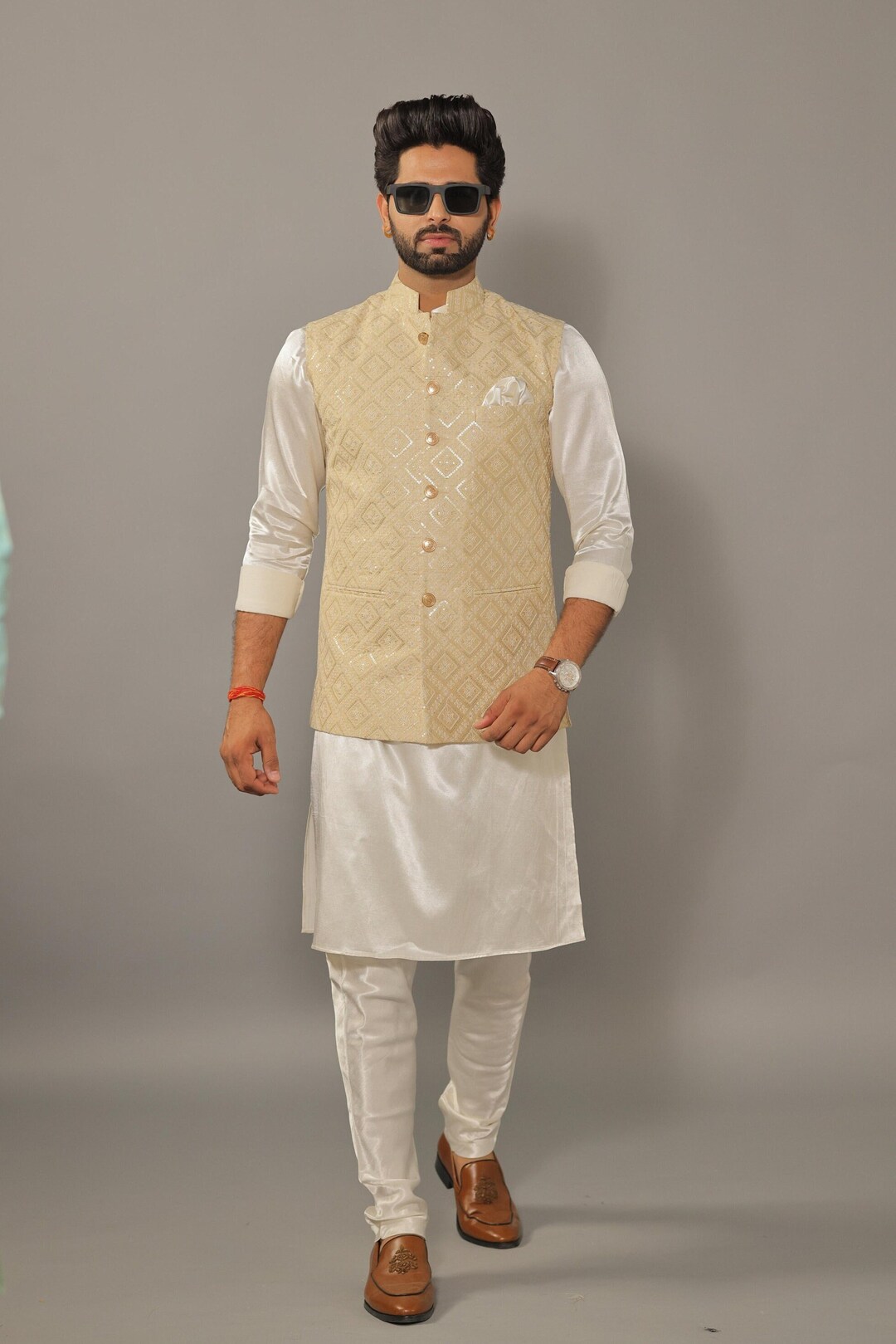 Off-white Kurta Pajama Set With Luckhnawi Embroidery Beige Color Nehru ...