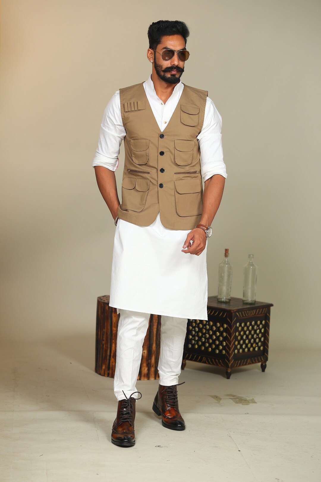 Royal Hunter Half Jodhpuri Khaki Color Jacket With Kurta Pajama Set - Etsy
