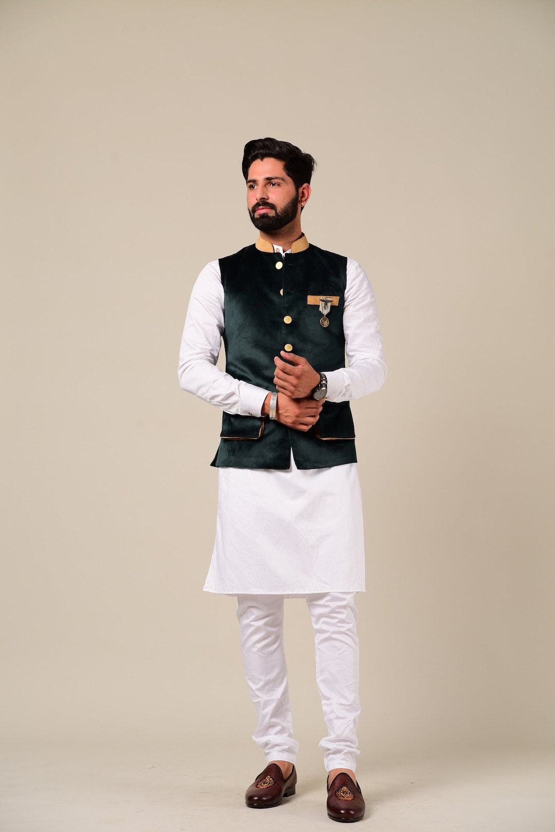 Buy Modishly Styled Puff Pocket Green Velvet Nehru Modi Jacket With ...