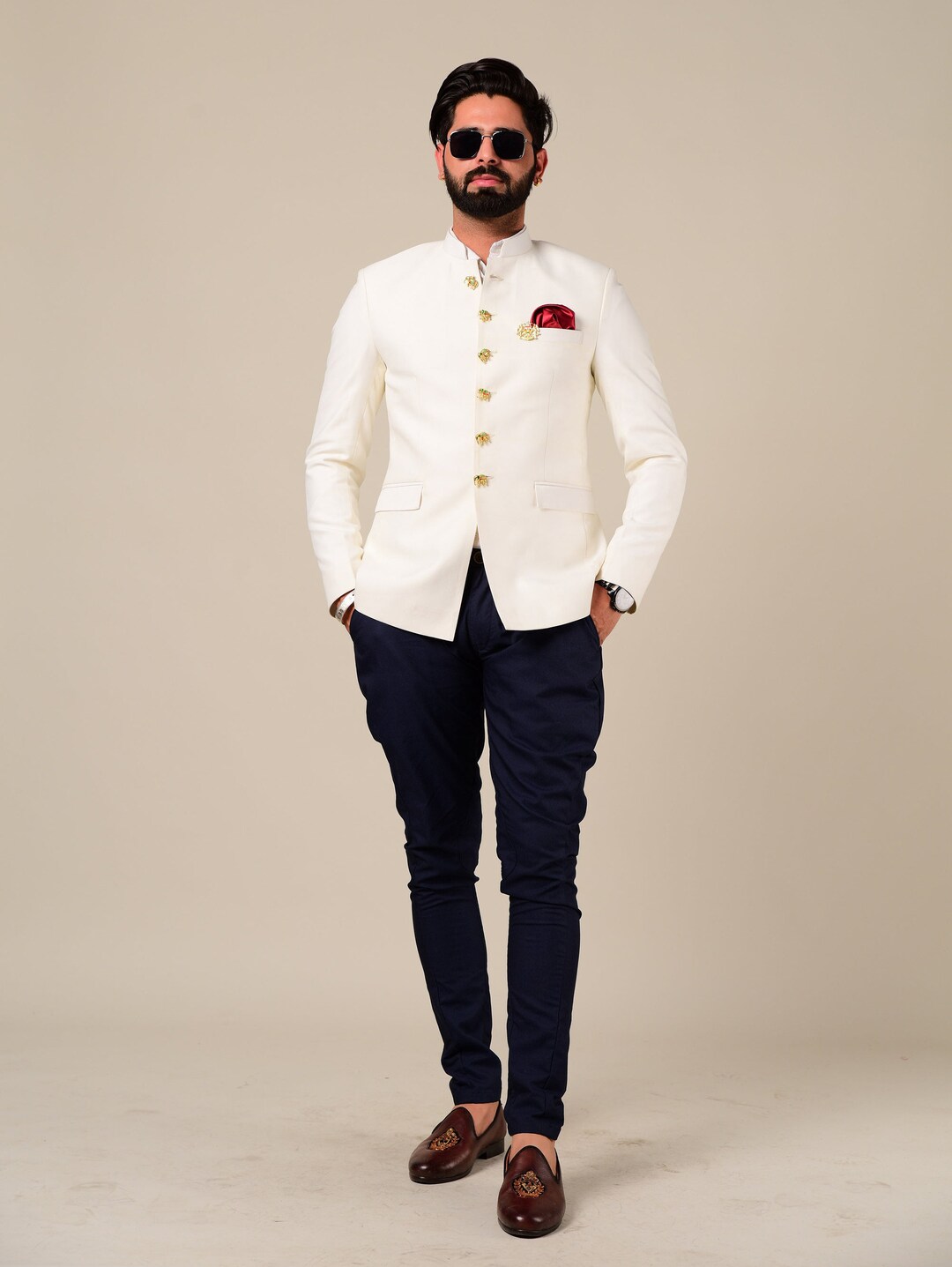 Personalized White Elephant Button Bandhgala Blazer With Navy Blue ...