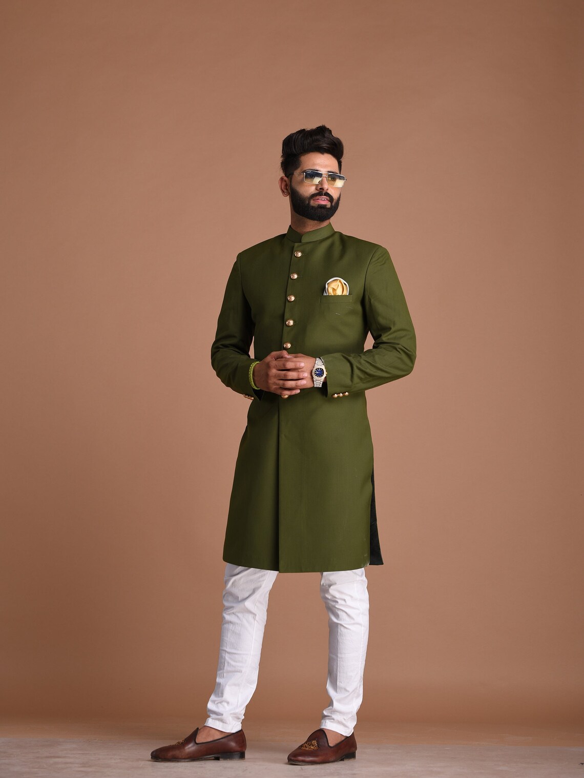 Solid Battle Green Color Exclusive Sherwani Achkan for Men | Etsy