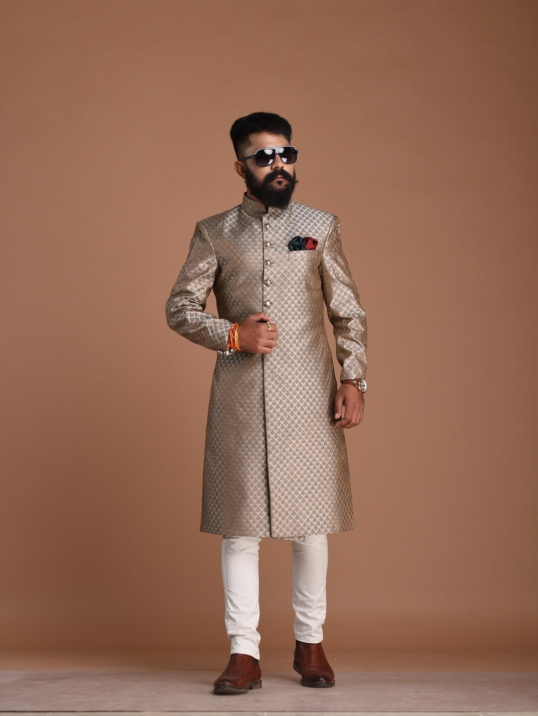 Handmade Booti Pattern Brocade Silk Silver Color Sherwani Achkan | Best ...