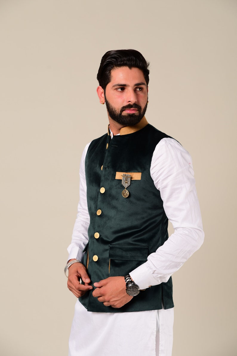 Modishly Styled Puff Pocket Green Velvet Nehru Modi Jacket - Etsy India