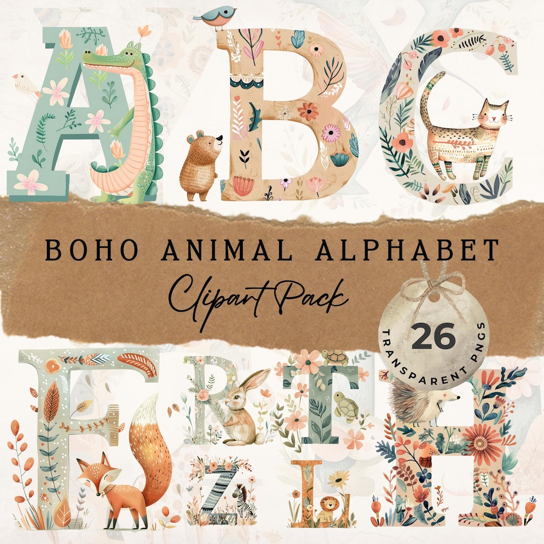 Boho Animal Alphabet Letters Clipart | Watercolor Animal Alphabet ...