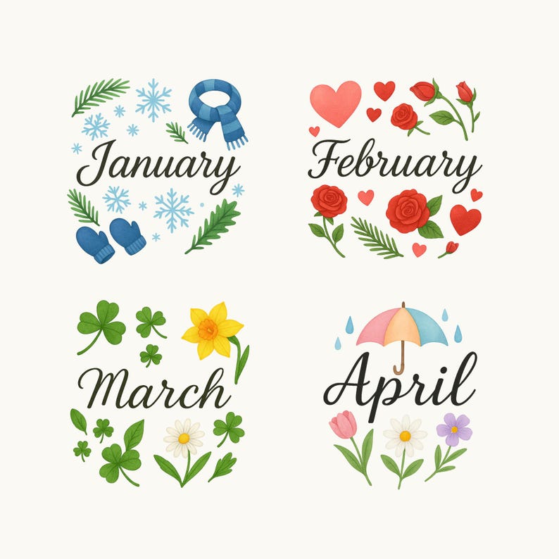 Months of Year Clipart, Printable Calendar Designs, Watercolor Graphics ...