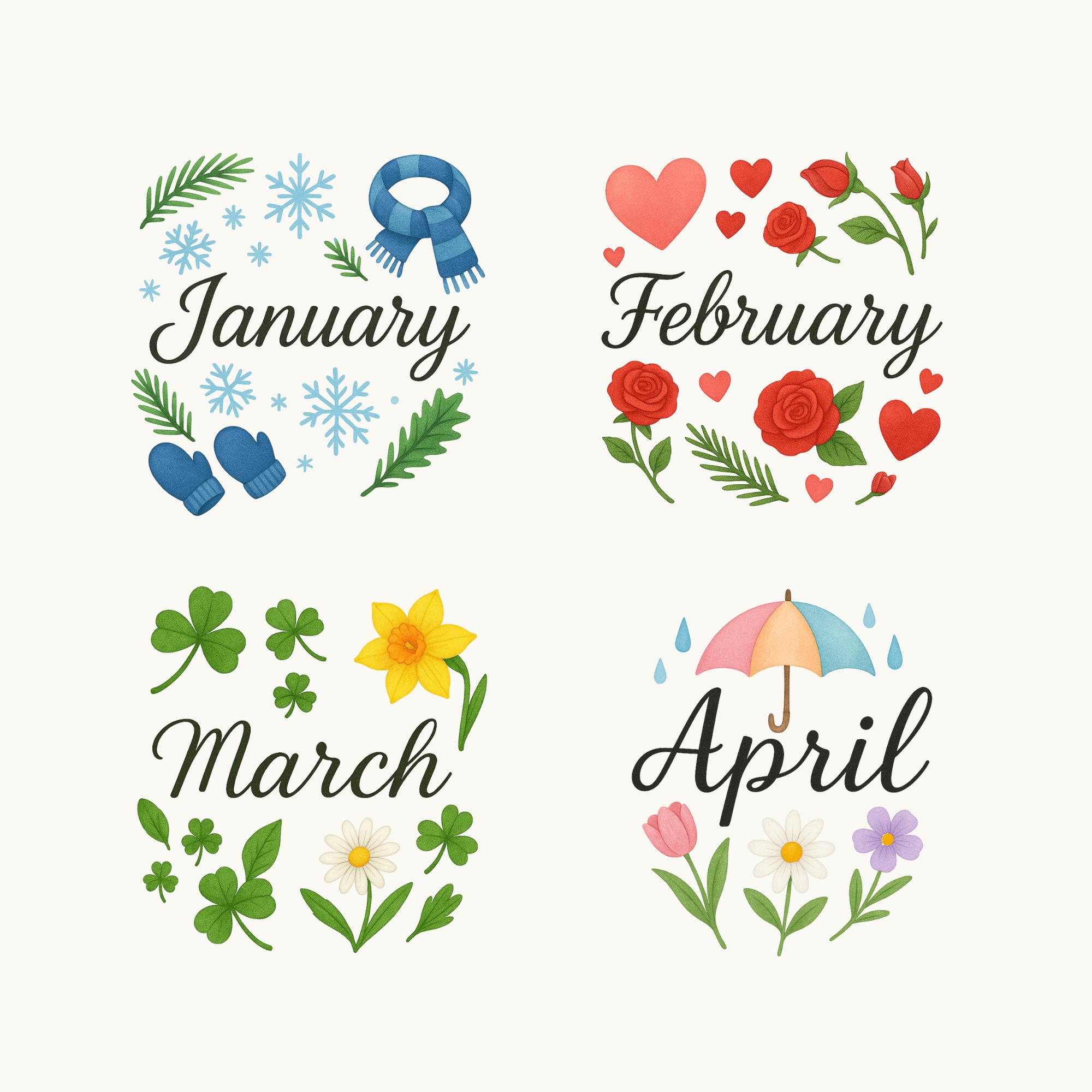 Months of Year Clipart, Printable Calendar Designs, Watercolor Graphics ...