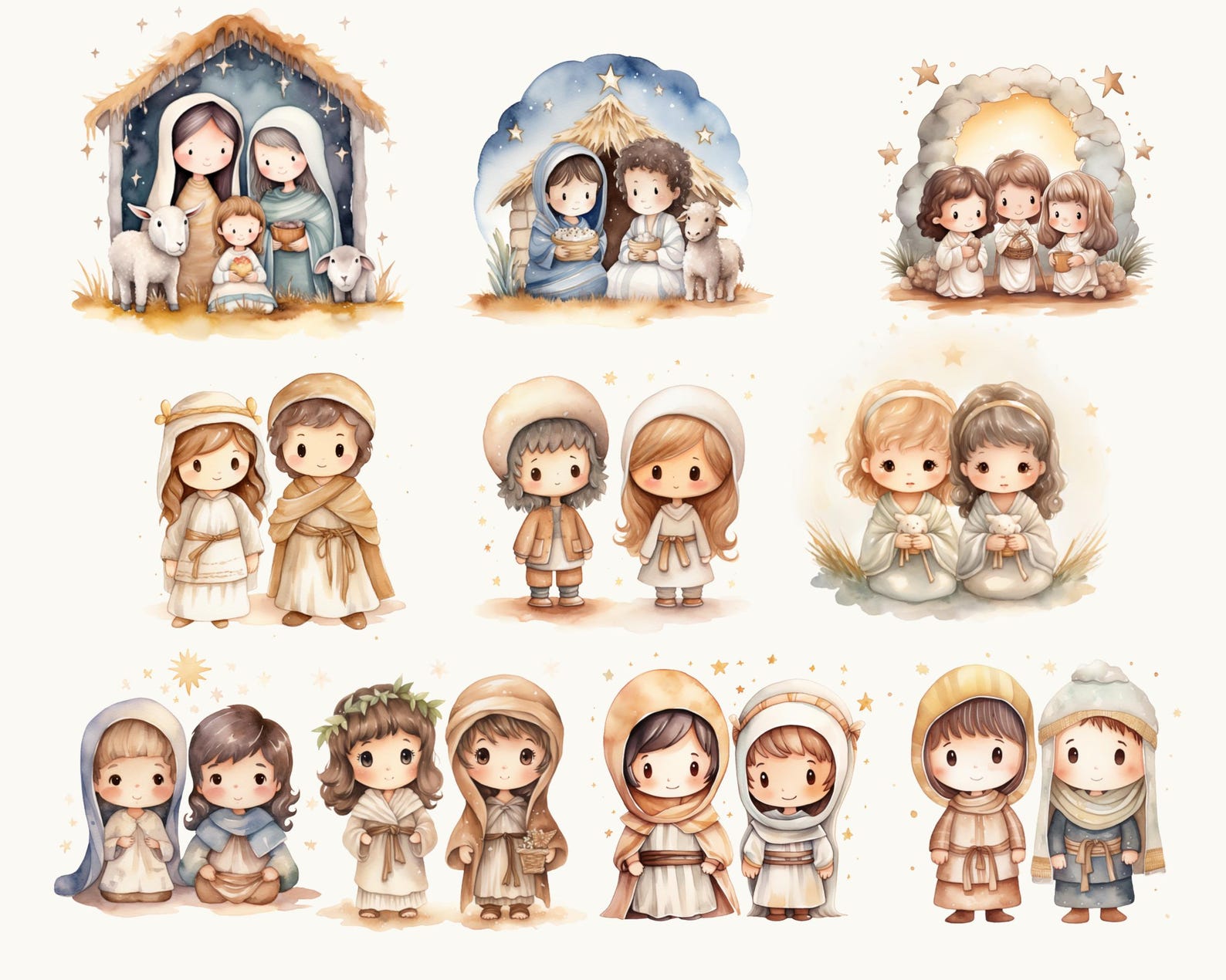 Cute Nativity Clipart | Biblical Characters Clipart Bundle | Watercolor ...