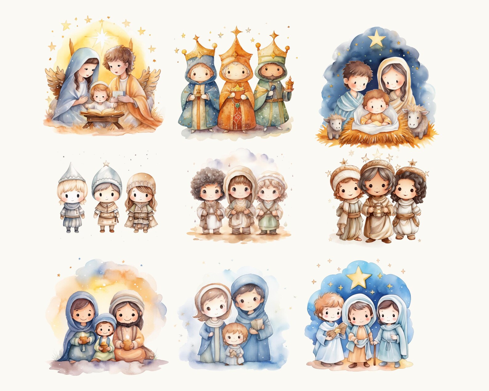 Cute Nativity Clipart | Biblical Characters Clipart Bundle | Watercolor ...