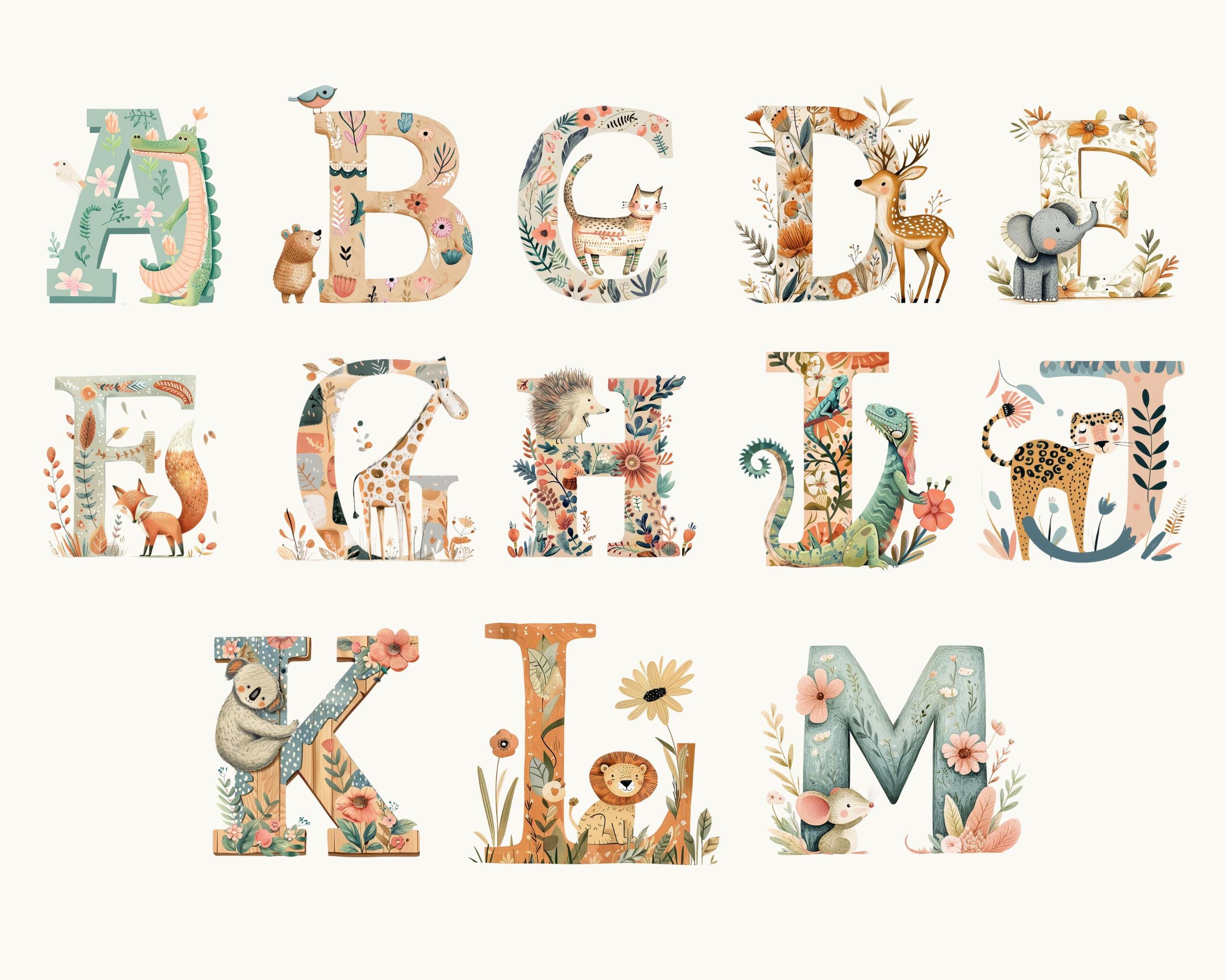 Boho Animal Alphabet Letters Clipart | Watercolor Animal Alphabet ...