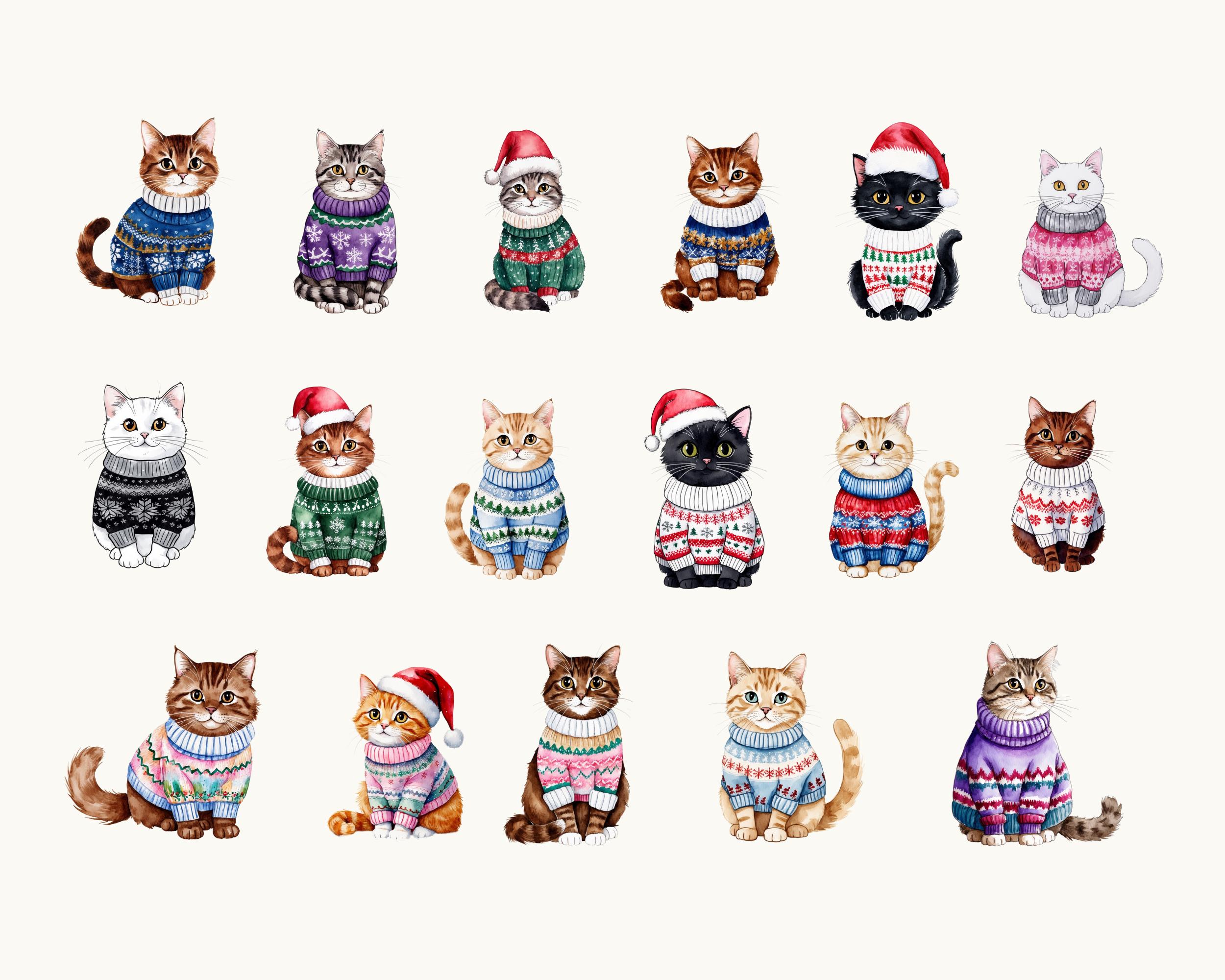 Watercolor Christmas Cat Clipart | Cute Christmas Cat Clipart Bundle ...