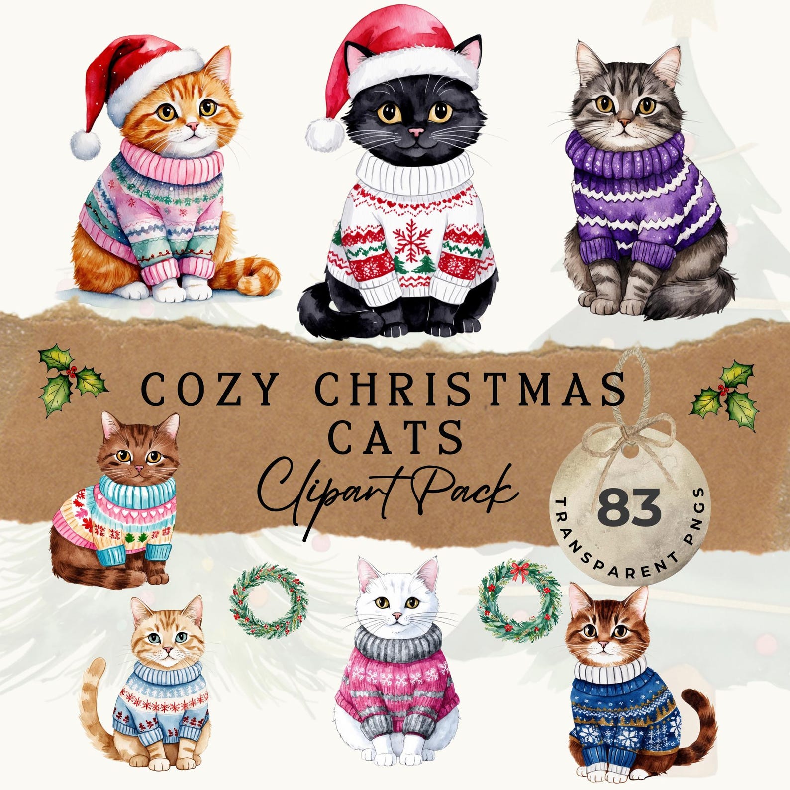 Watercolor Christmas Cat Clipart | Cute Christmas Cat Clipart Bundle ...