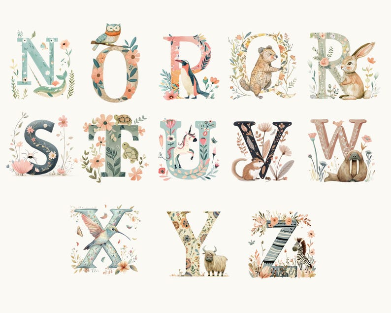 Boho Animal Alphabet Letters Clipart | Watercolor Animal Alphabet ...