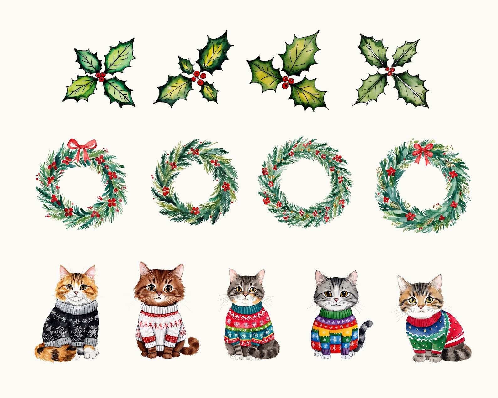 Watercolor Christmas Cat Clipart | Cute Christmas Cat Clipart Bundle ...