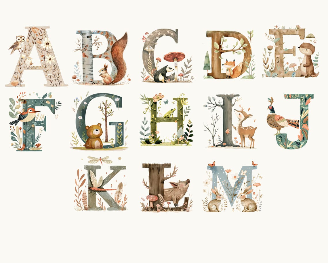 Woodland Alphabet Clipart Cute Animal Letters Woodland Animals Alphabet ...