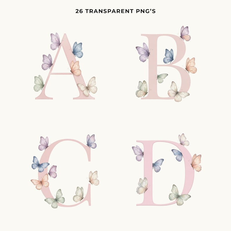 Watercolor Butterfly Alphabet Clipart | Pastel Butterfly Letters PNG ...