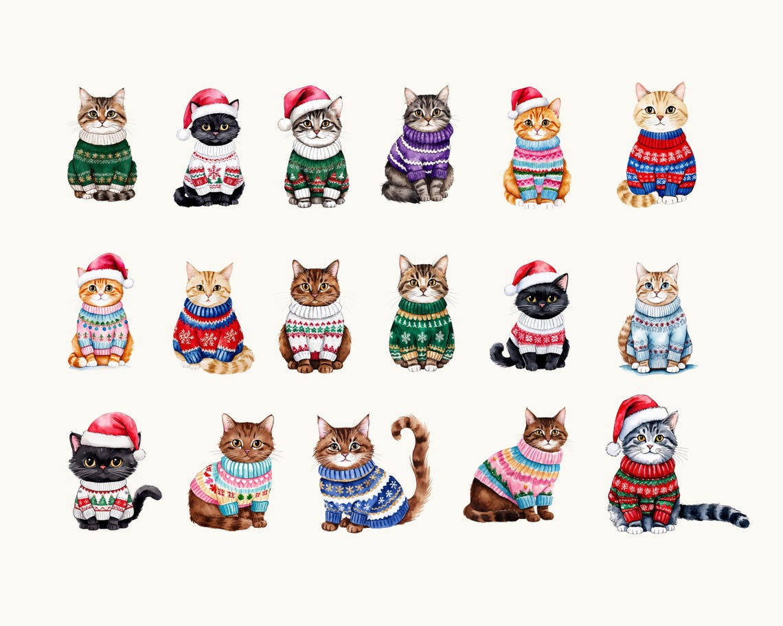 Watercolor Christmas Cat Clipart | Cute Christmas Cat Clipart Bundle ...