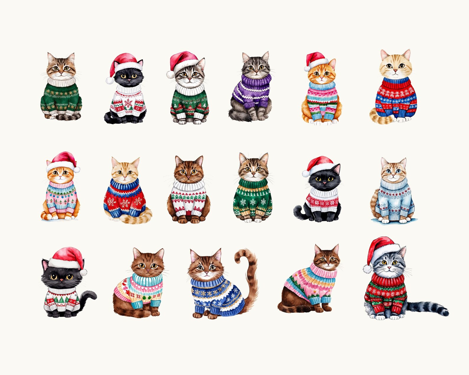 Watercolor Christmas Cat Clipart | Cute Christmas Cat Clipart Bundle ...
