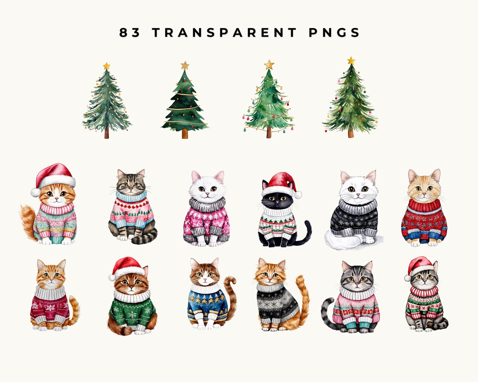 Watercolor Christmas Cat Clipart | Cute Christmas Cat Clipart Bundle ...