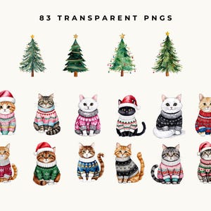 Watercolor Christmas Cat Clipart | Cute Christmas Cat Clipart Bundle ...