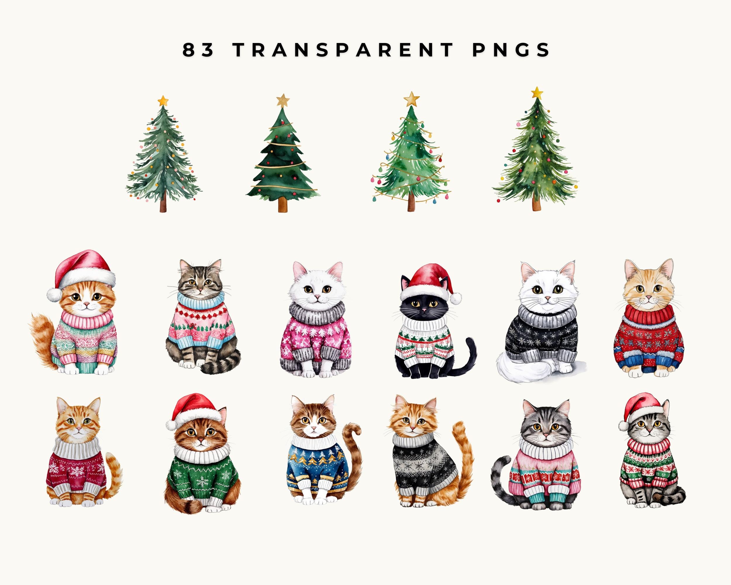 Watercolor Christmas Cat Clipart | Cute Christmas Cat Clipart Bundle ...