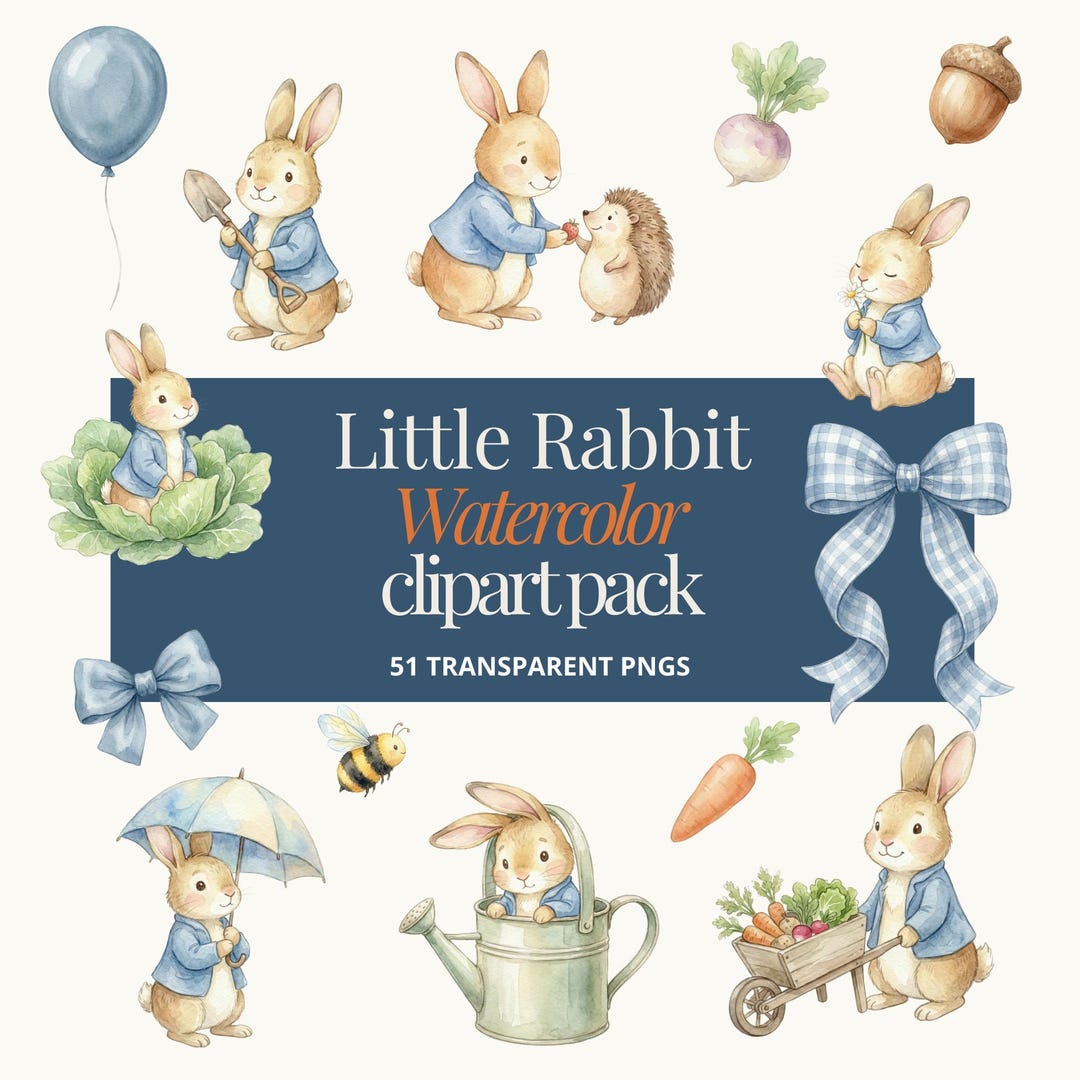 Little Rabbit Watercolor Clipart, Bunny Clipart, Cute Rabbit PNG ...