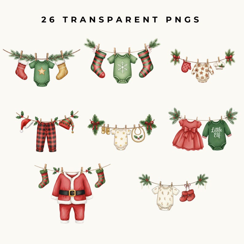 Christmas Clothesline Clipart, Baby’s First Christmas PNG, Watercolor ...