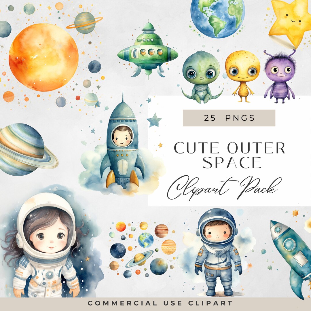 CUTE OUTER SPACE Clipart, Astronaut and Space Watercolor Clipart, Space ...