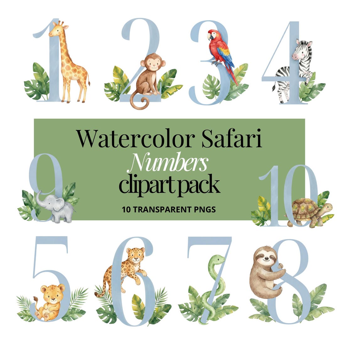 Watercolor Safari Animal Numbers Clipart | Jungle Nursery Decor (PNG ...